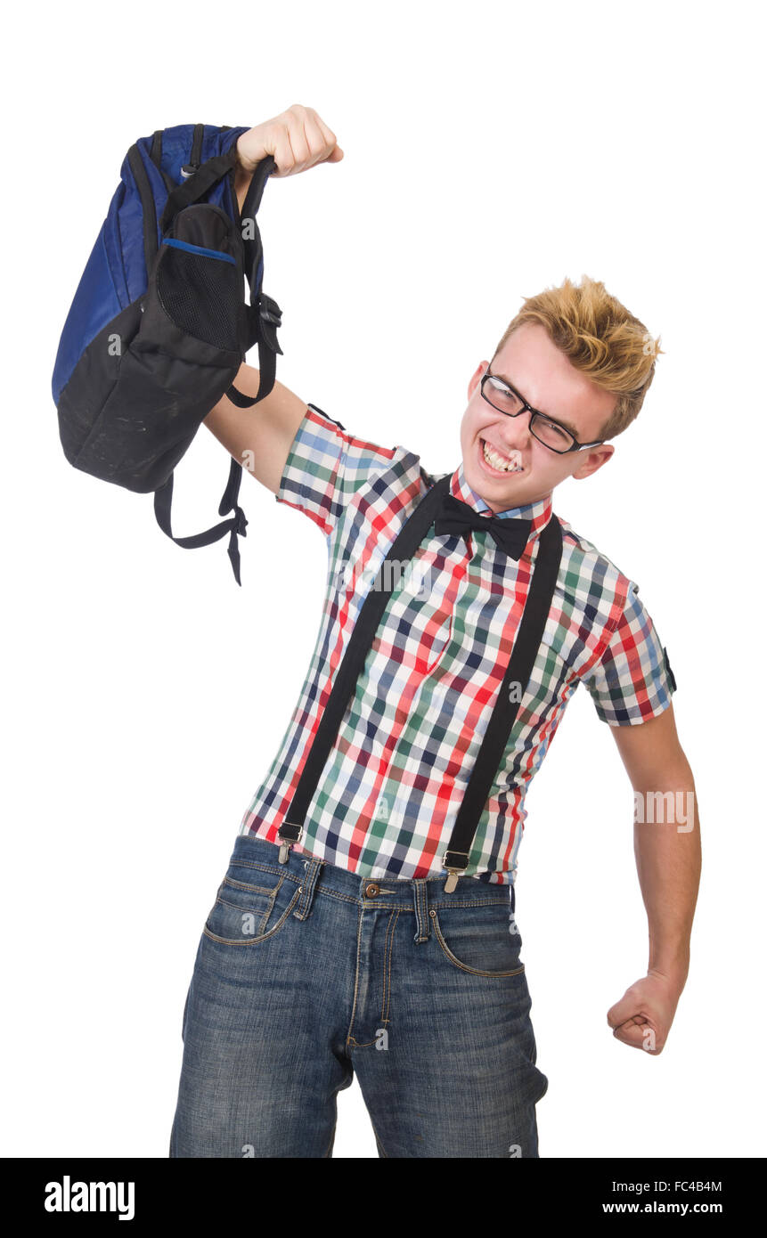 Student with heavy bag isolated on white Stock Photo - Alamy