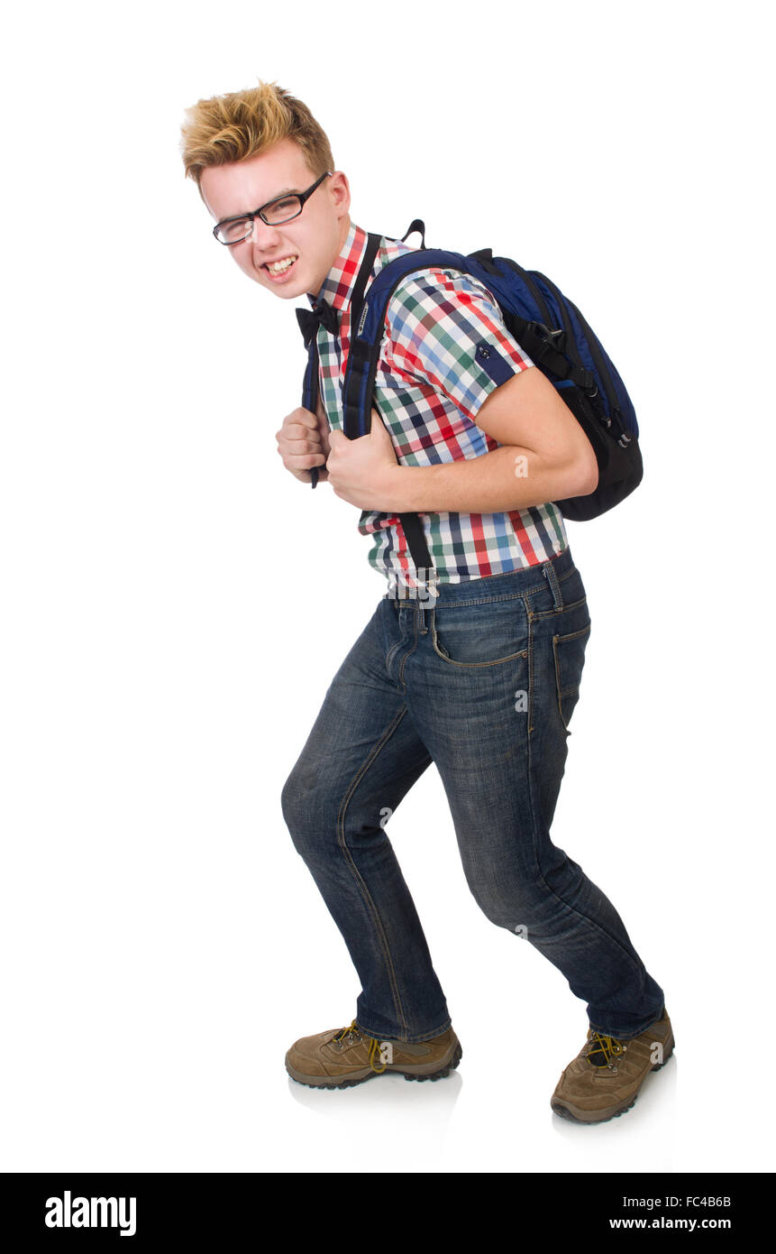 Student with heavy bag isolated on white Stock Photo - Alamy