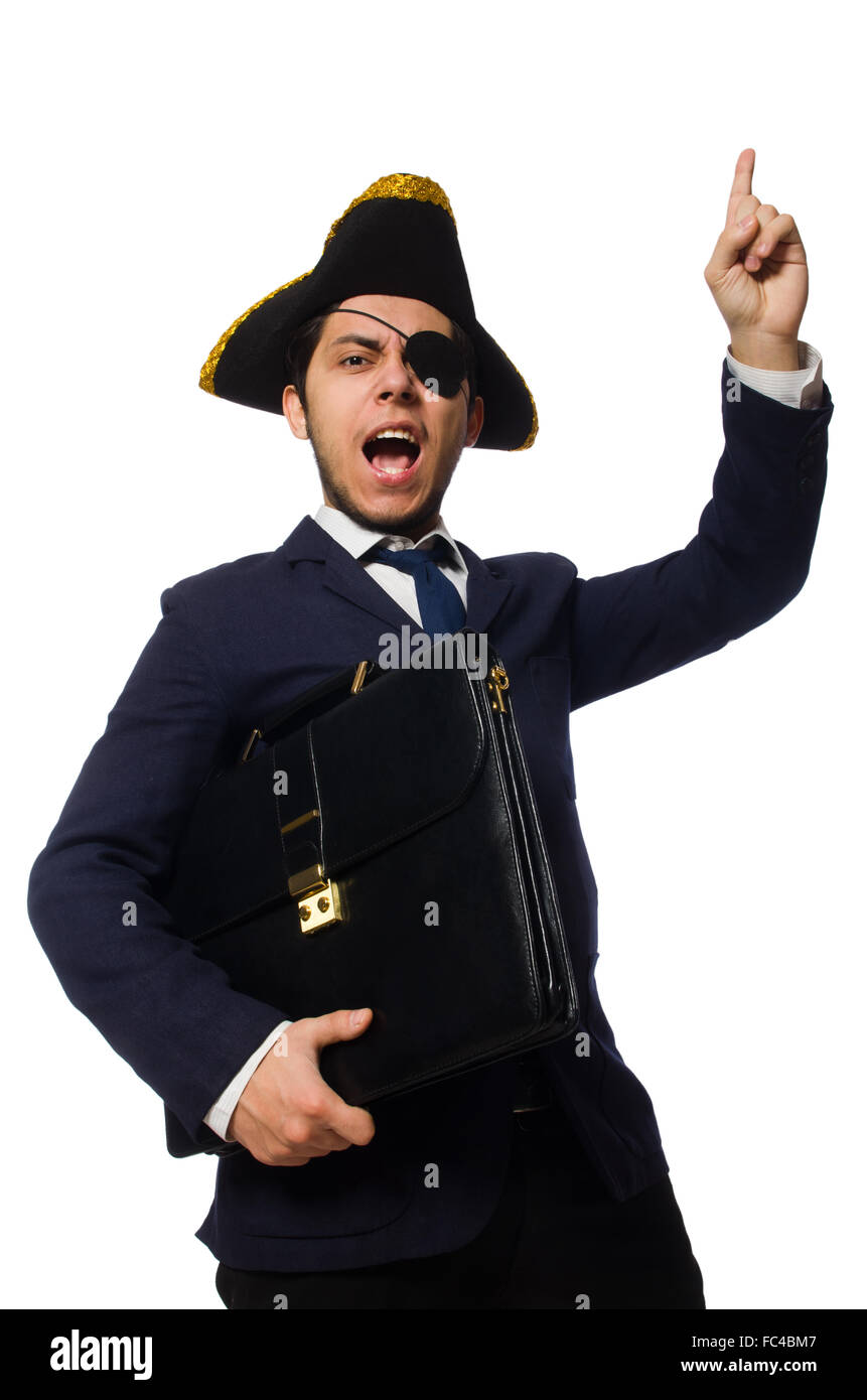 Young one eyed captain with briefcase isolated on white Stock Photo - Alamy