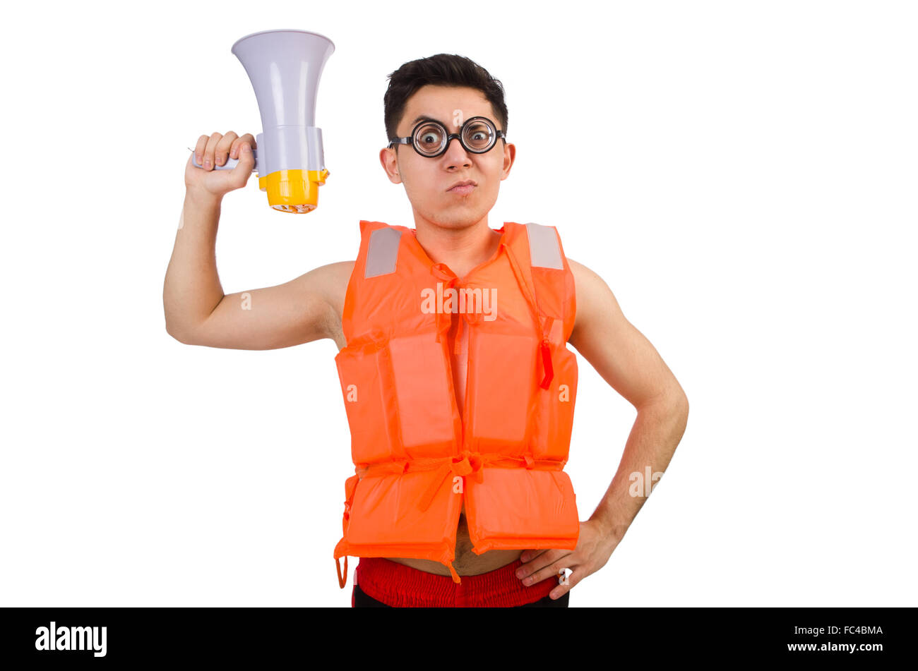Funny man wearing vest with loudspeaker Stock Photo - Alamy