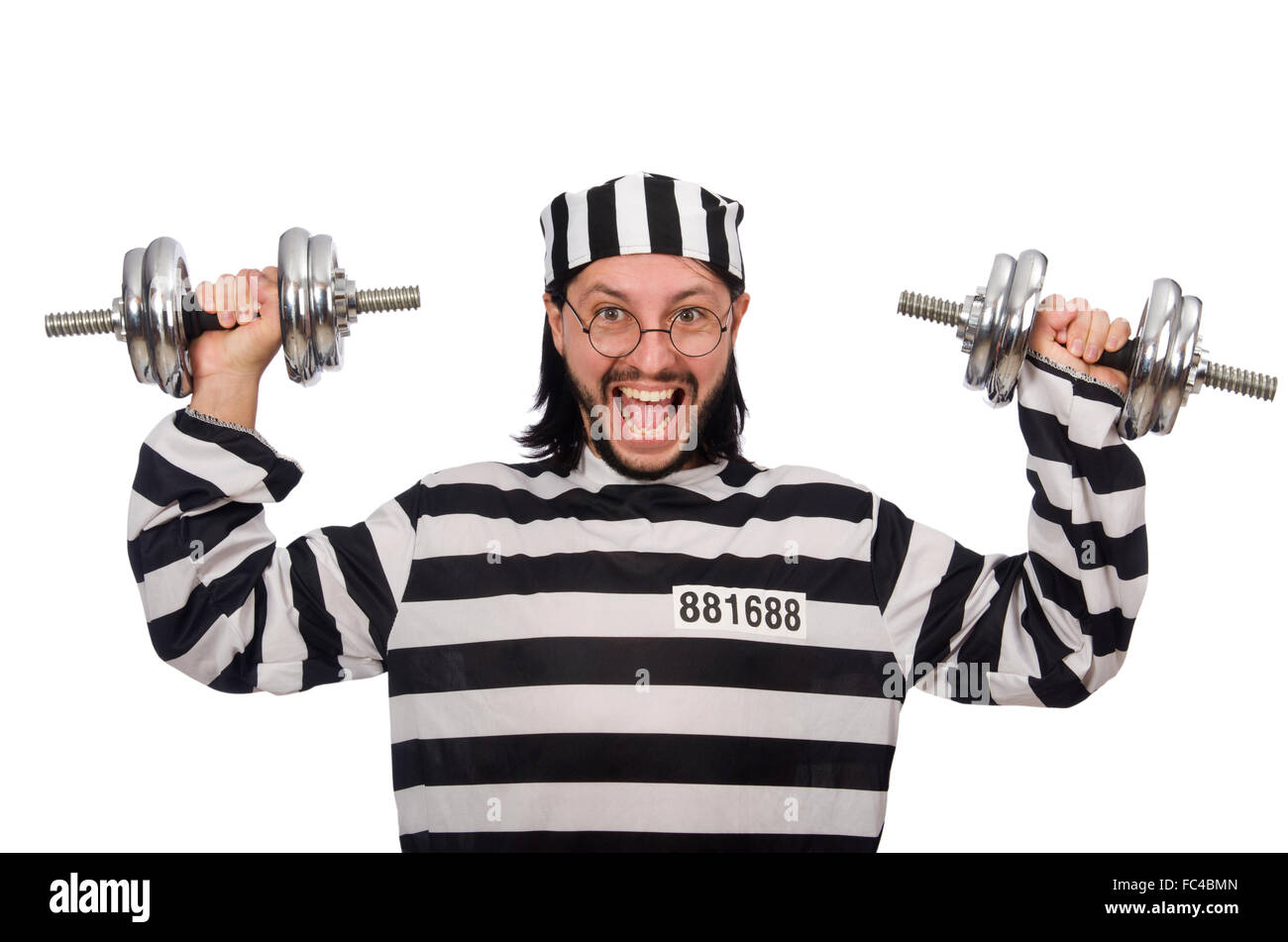 Prison inmate with dumbbells isolated on white Stock Photo - Alamy