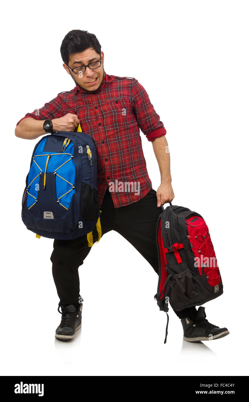 Young man with bags isolated on white Stock Photo - Alamy