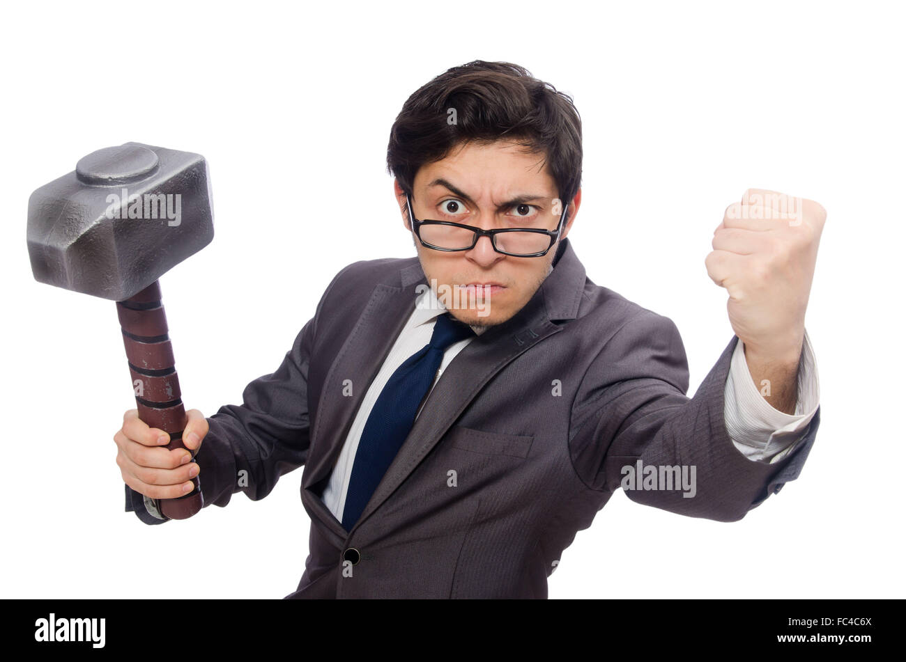 Business man holding hammer isolated on white Stock Photo - Alamy
