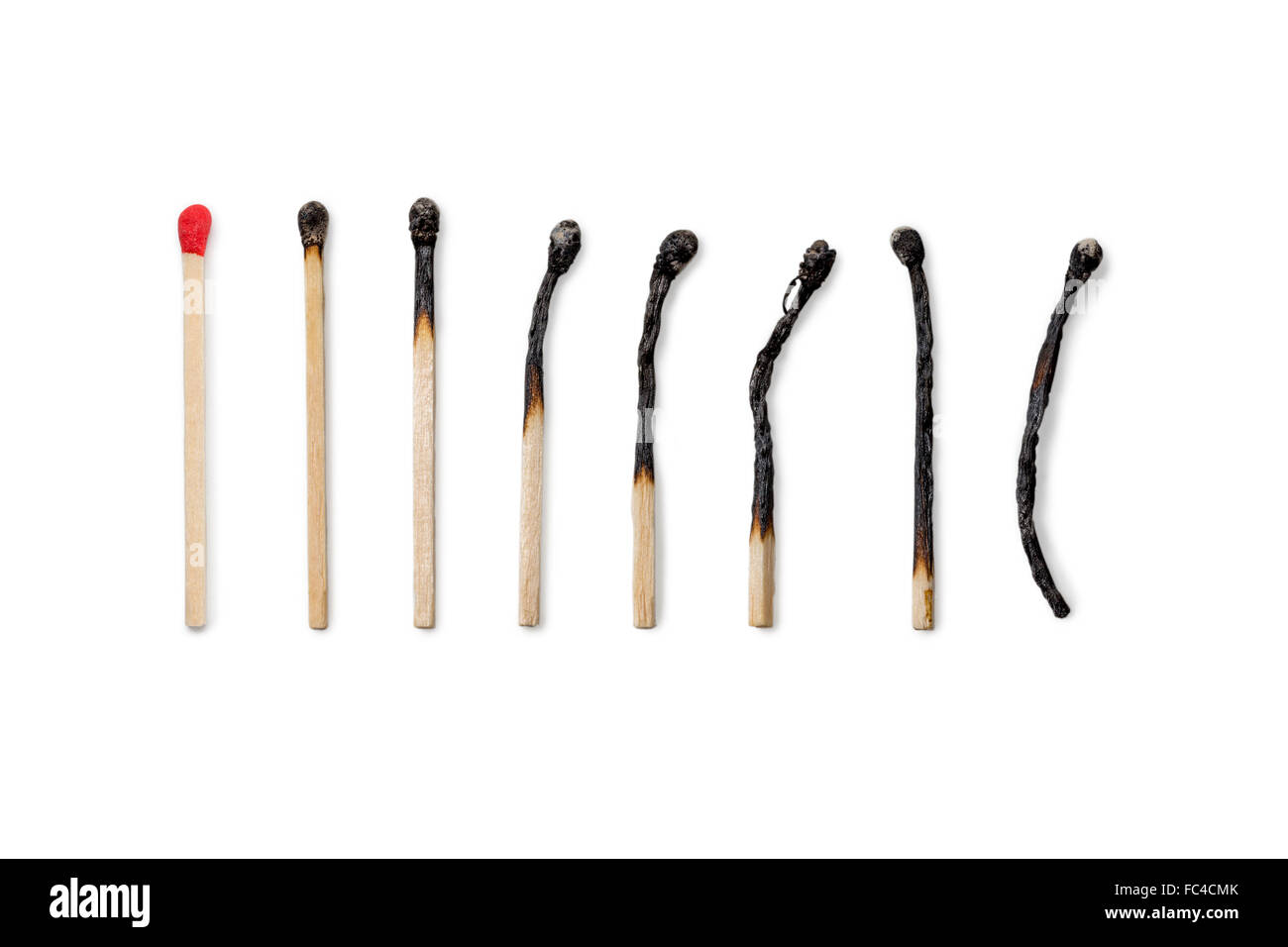 Row of Matches from new to completely burned isolated on white ...