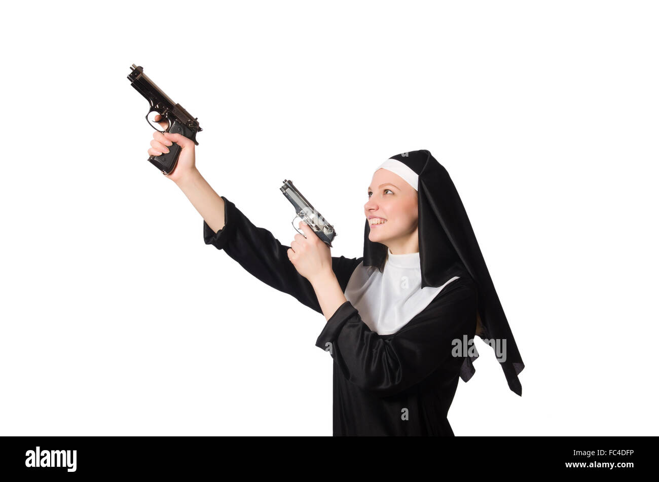 Nun with gun isolated on white Stock Photo - Alamy