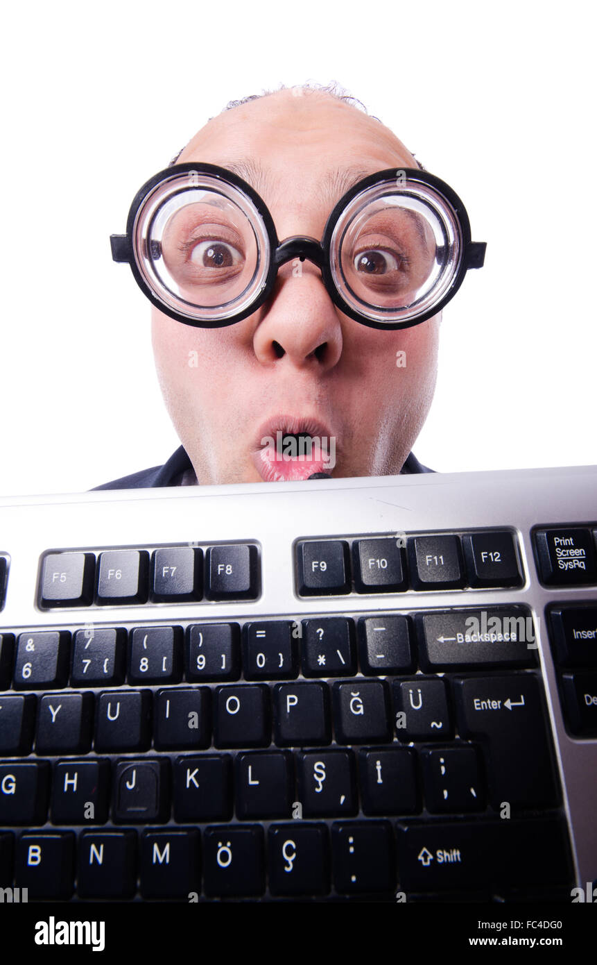 Funny man with keyboard isolated on white Stock Photo - Alamy