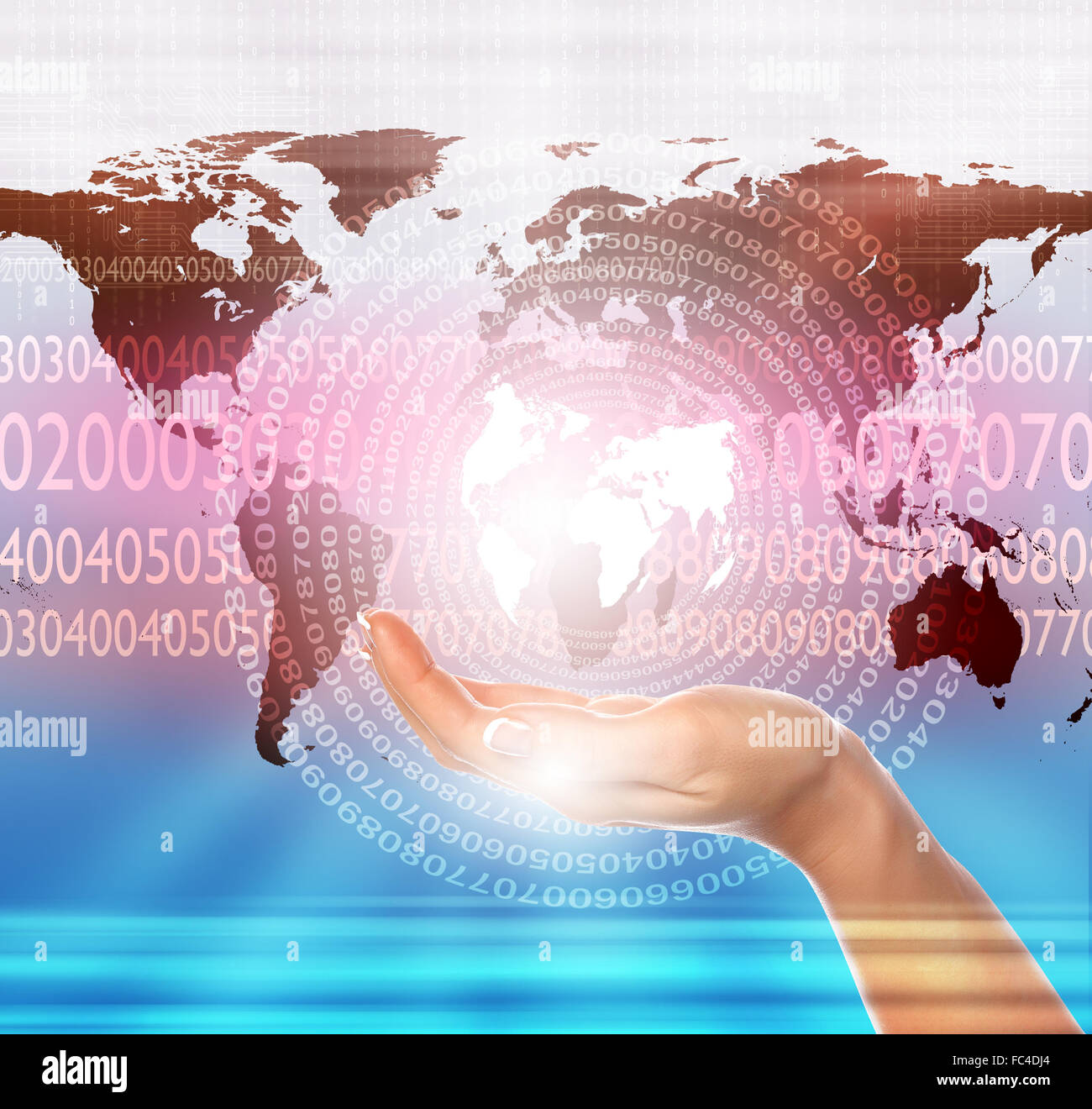world map illustration with communication and technology symbols Stock ...