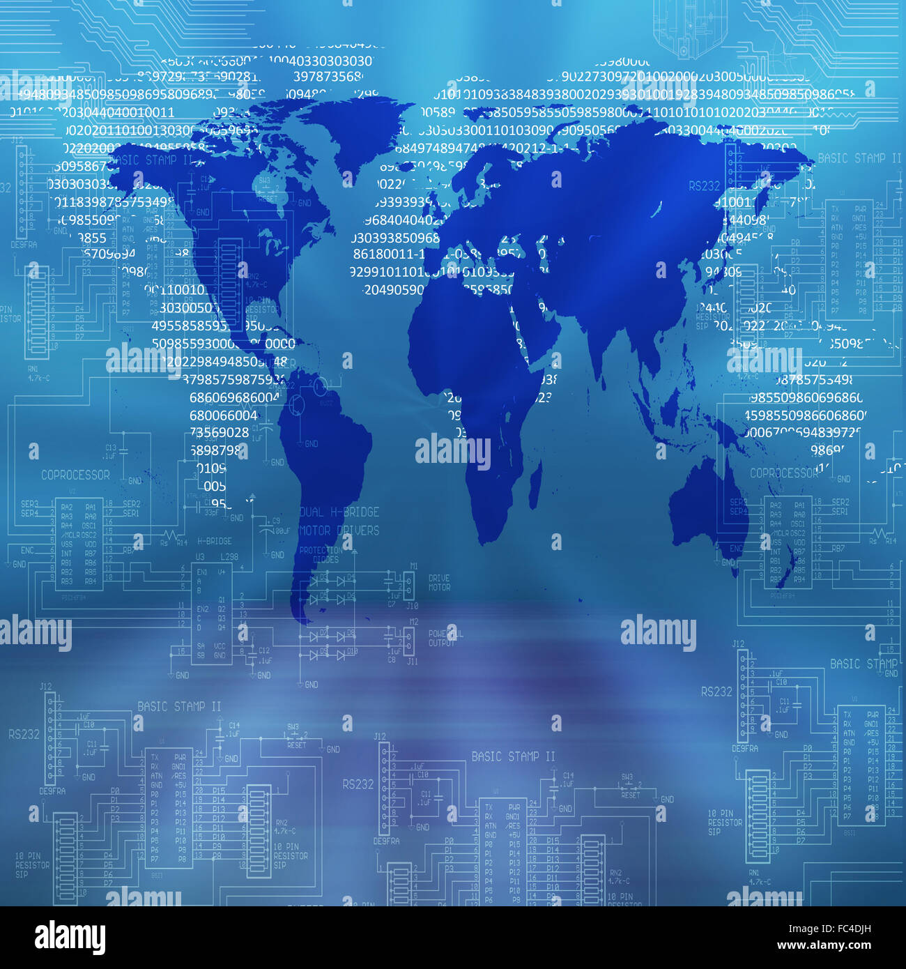 world map illustration with communication and technology symbols Stock ...