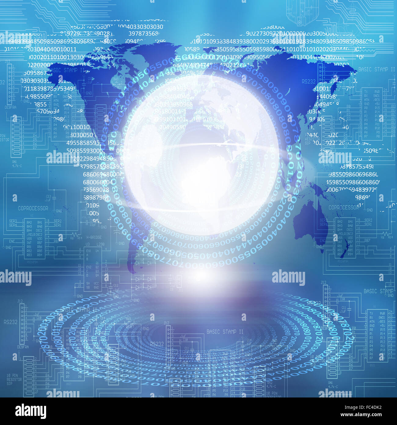 world map illustration with communication and technology symbols Stock ...