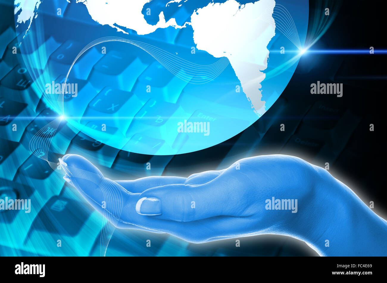 Hands, line, planet earth. The symbol of high technology Stock Photo ...