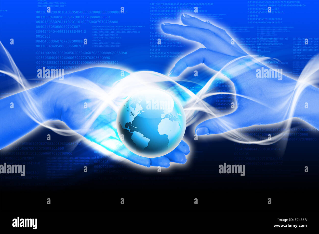 Hands, line, planet earth. The symbol of high technology Stock Photo ...