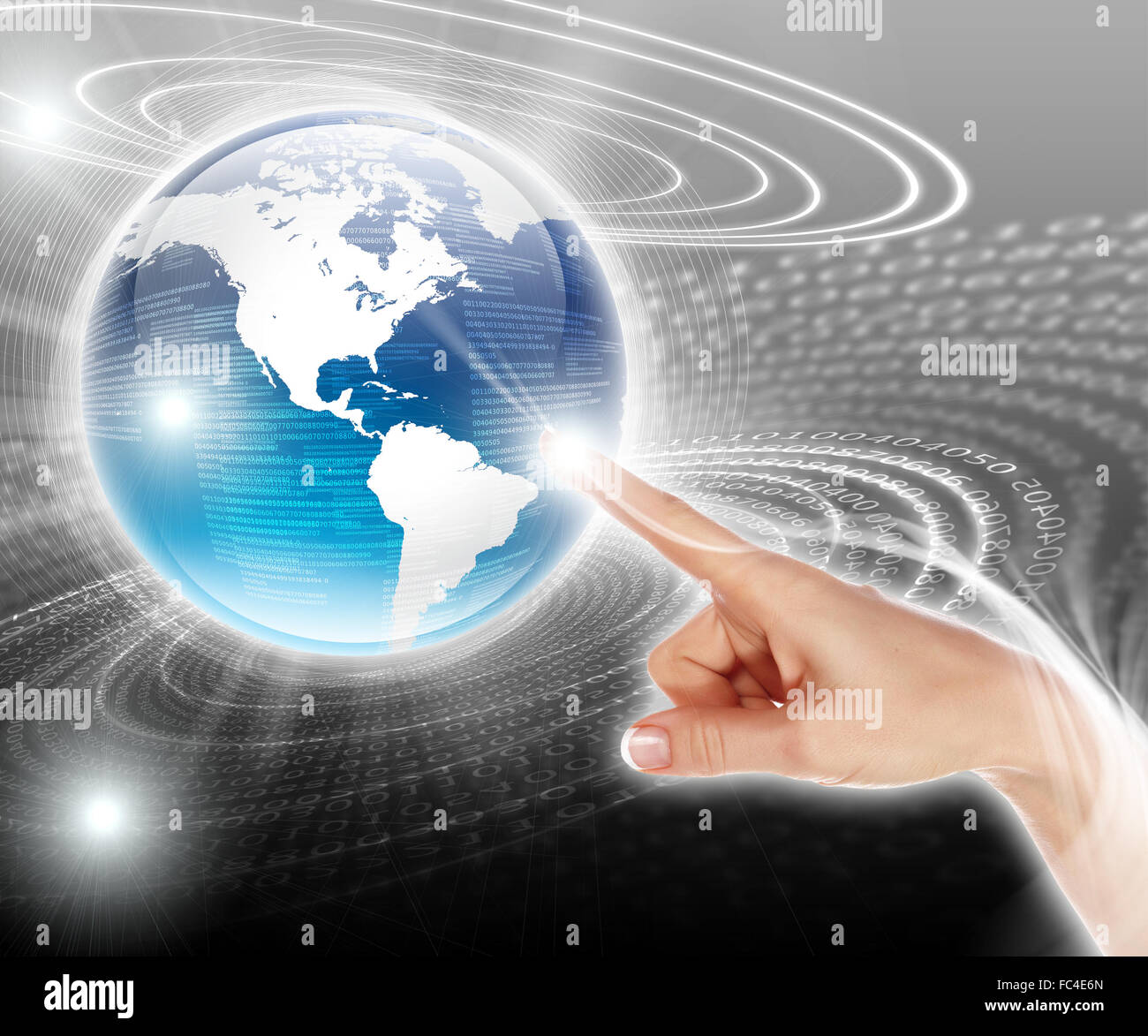 Hands, line, planet earth. The symbol of high technology Stock Photo ...