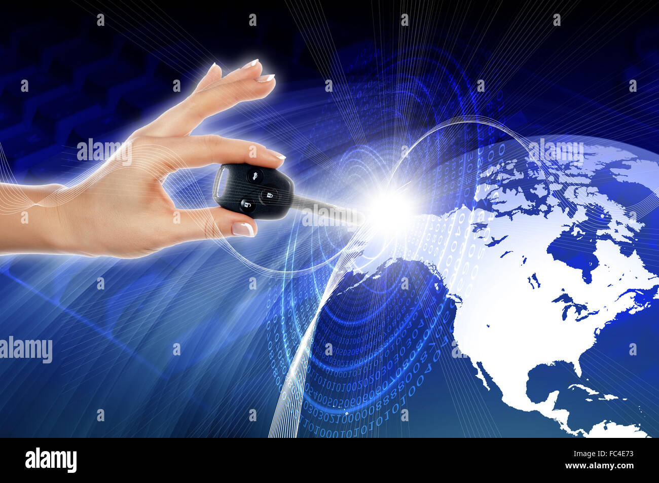 Hands, line, planet earth. The symbol of high technology Stock Photo ...