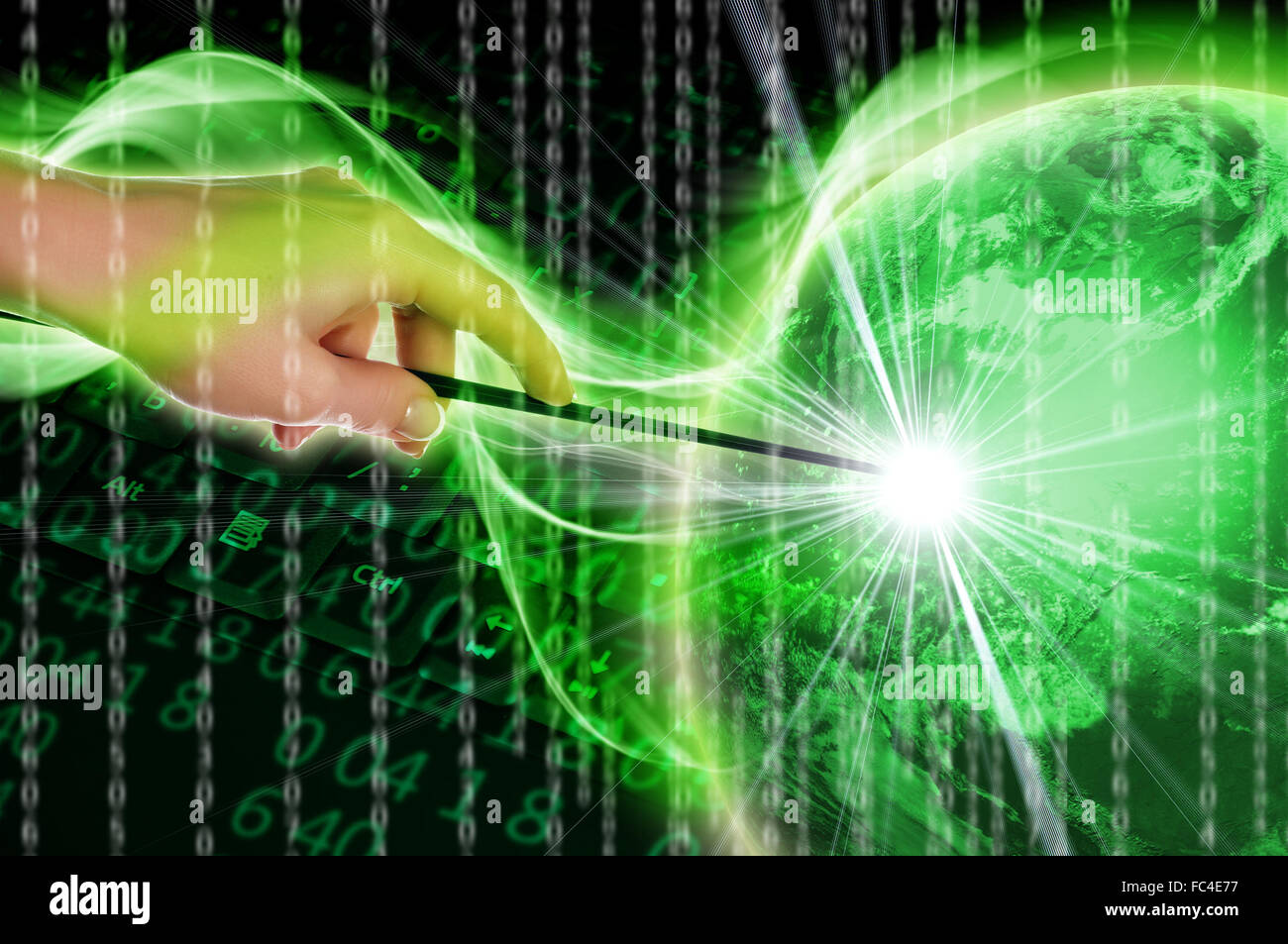 Hands, line, planet earth. The symbol of high technology Stock Photo ...