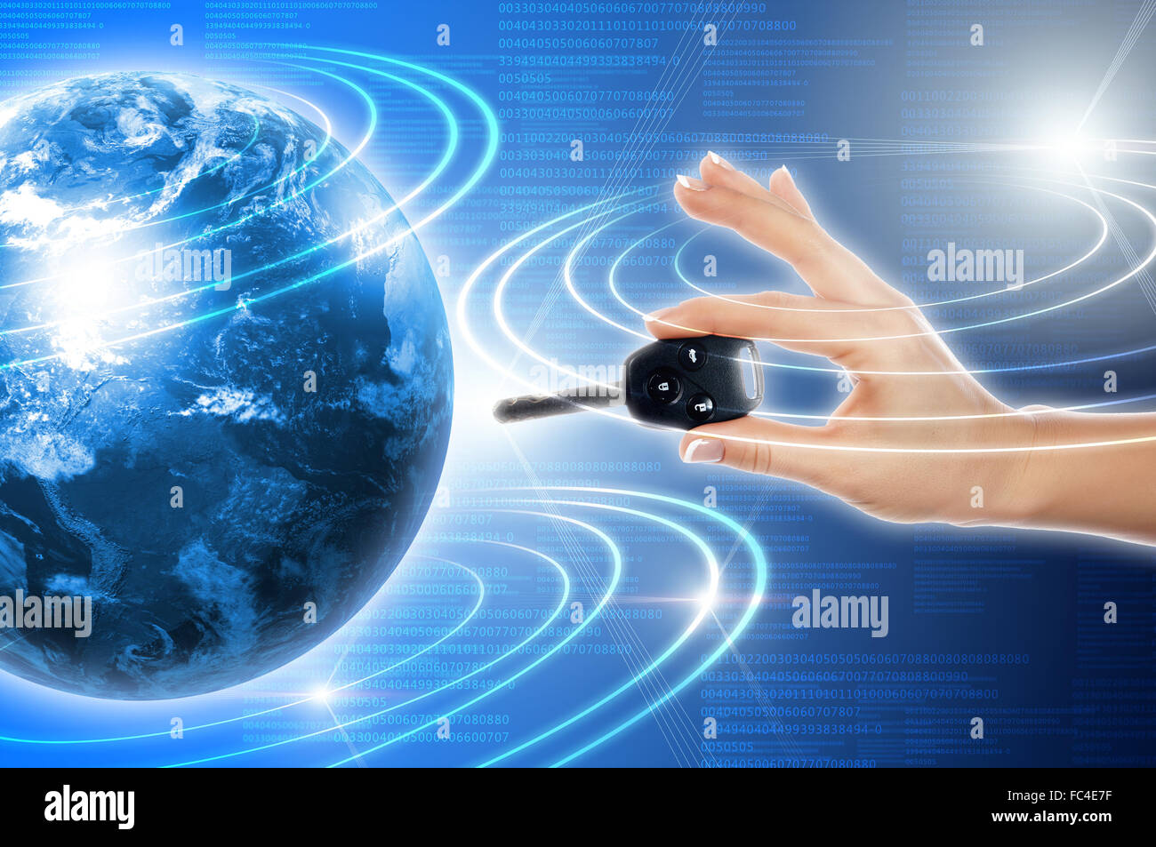 Hands, line, planet earth. The symbol of high technology Stock Photo ...