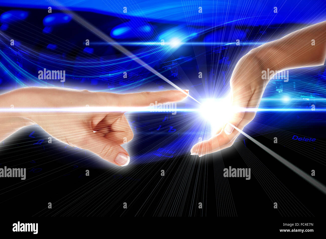 Hands, line, planet earth. The symbol of high technology Stock Photo ...