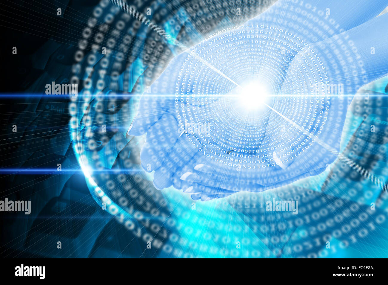 Hands, line, planet earth. The symbol of high technology Stock Photo ...