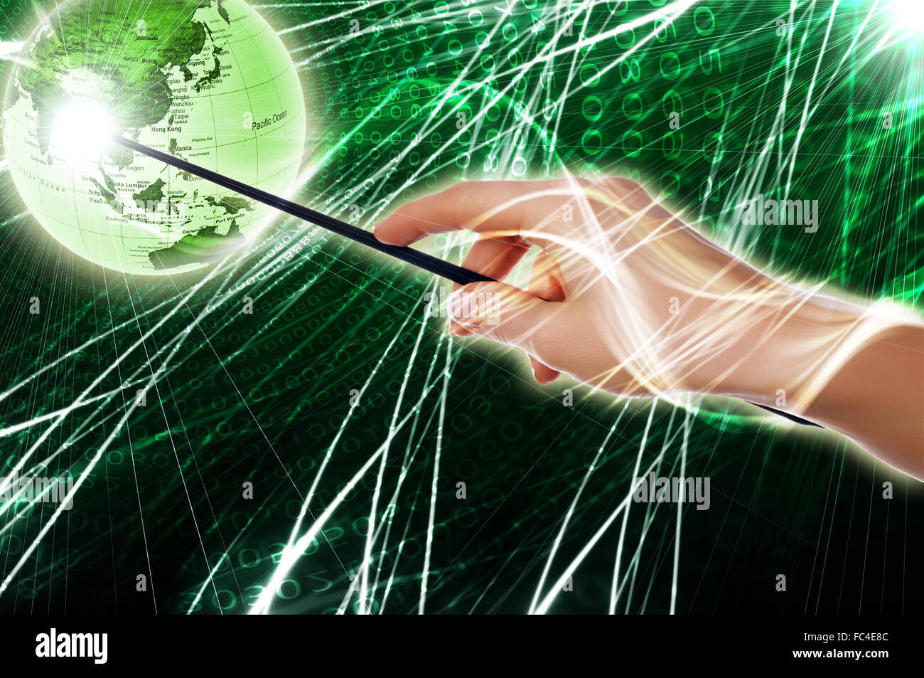 Hands, line, planet earth. The symbol of high technology Stock Photo ...