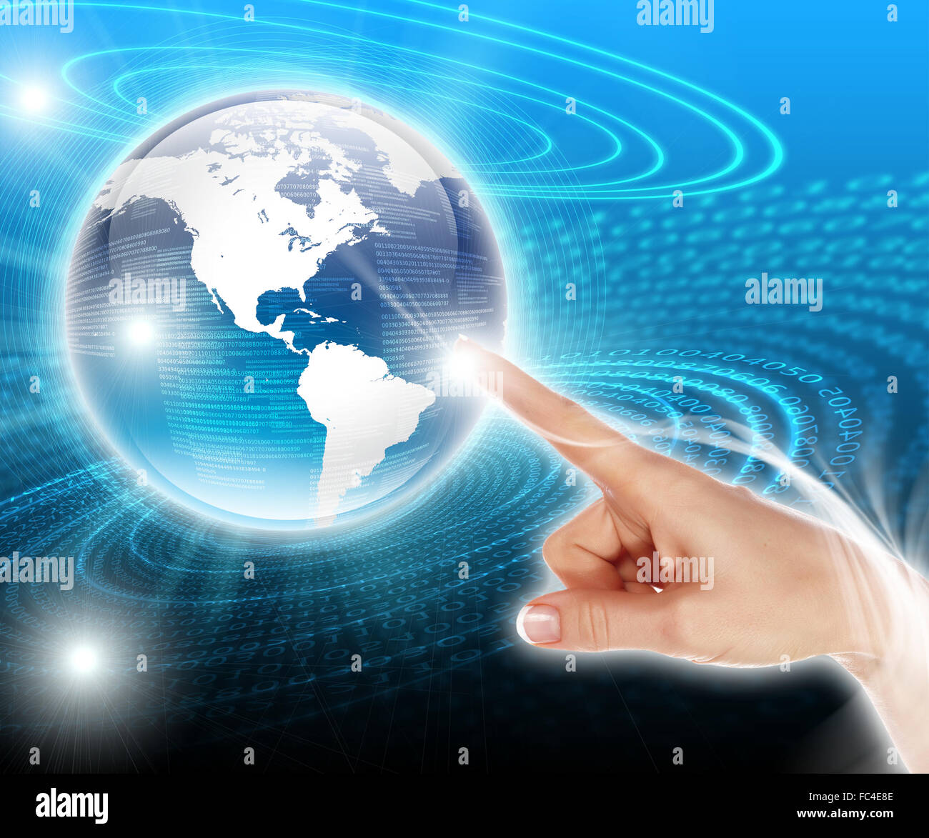 Hands, line, planet earth. The symbol of high technology Stock Photo ...