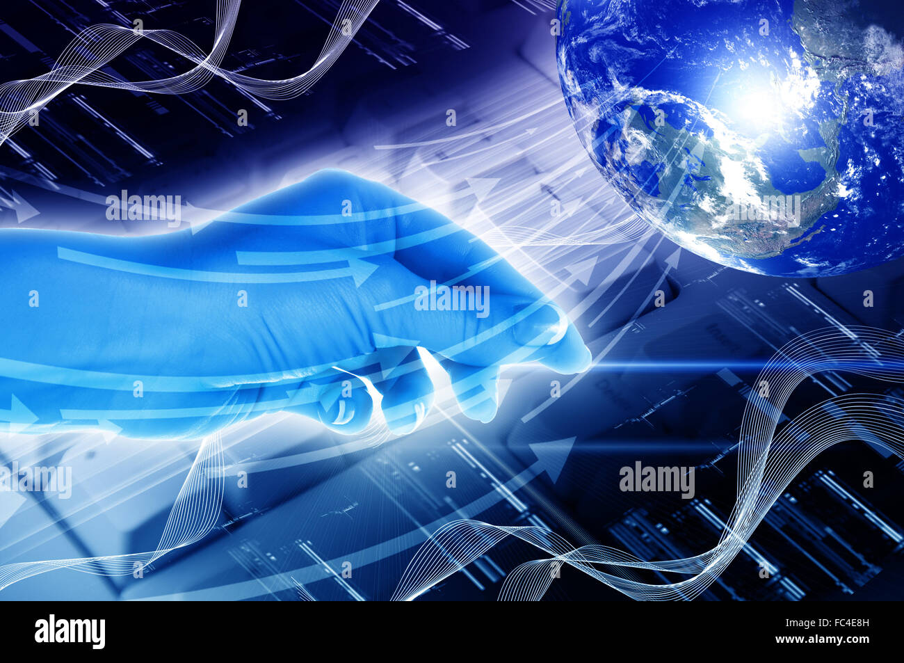 Hands, line, planet earth. The symbol of high technology Stock Photo ...