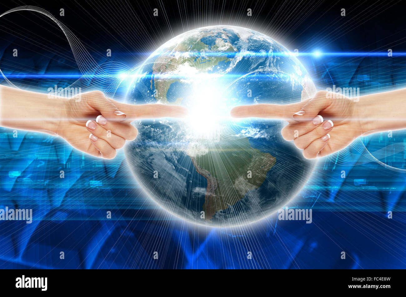 Hands, line, planet earth. The symbol of high technology Stock Photo ...