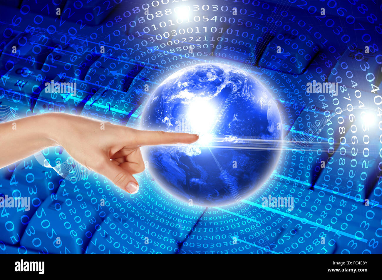 Hands, line, planet earth. The symbol of high technology Stock Photo ...
