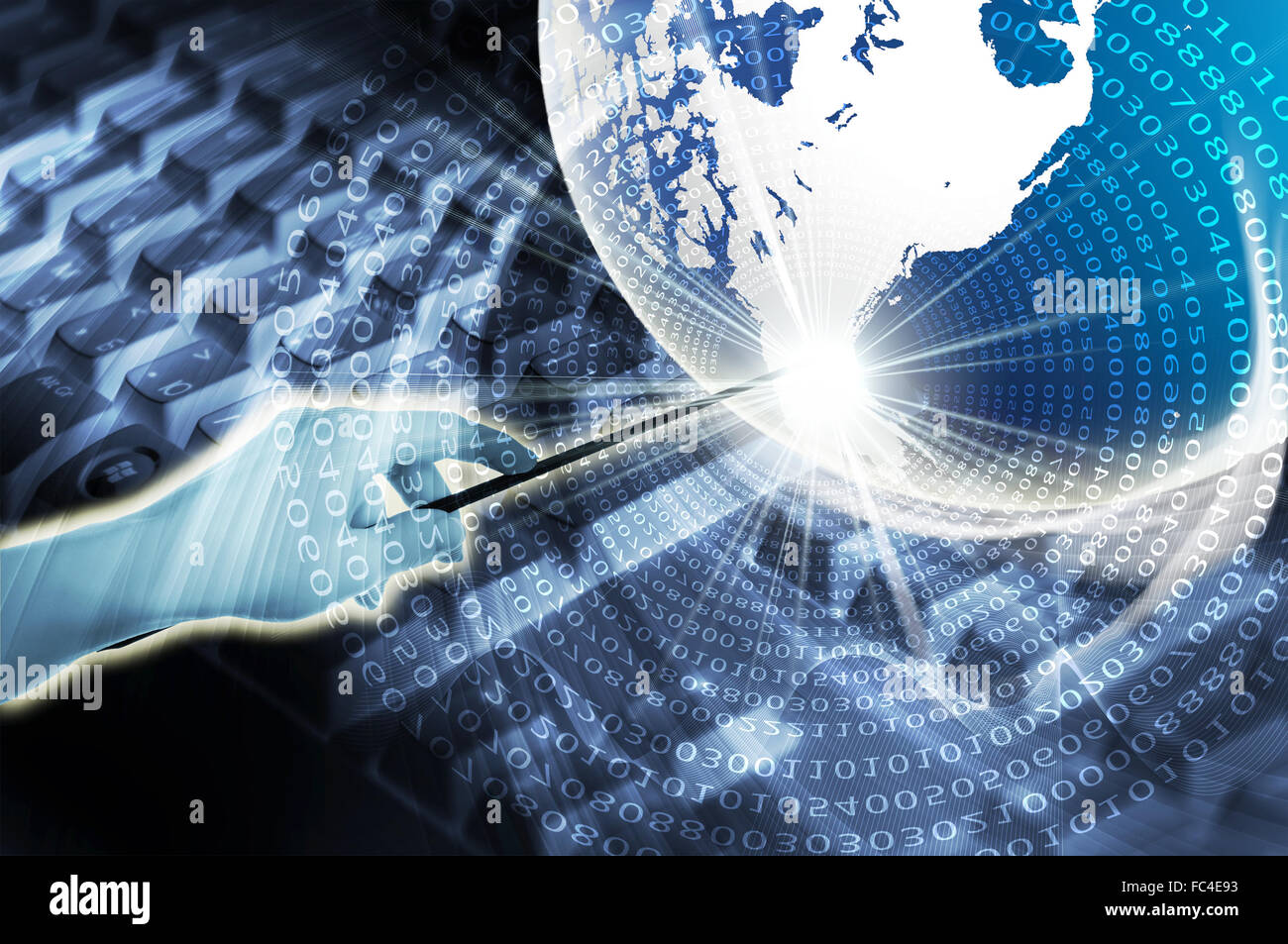 Hands, line, planet earth. The symbol of high technology Stock Photo ...
