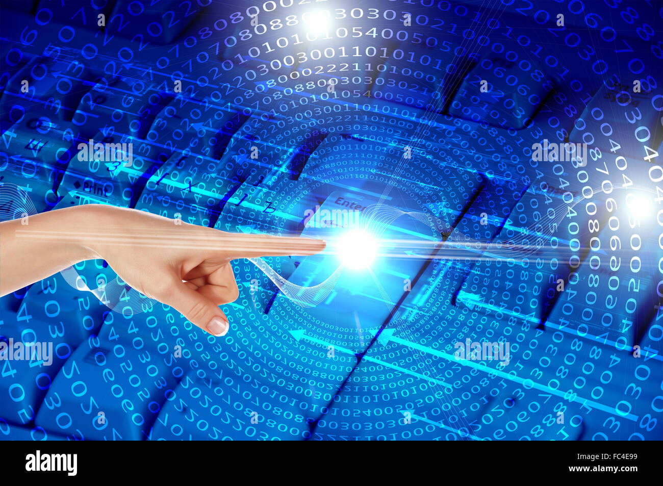 Hands, line, planet earth. The symbol of high technology Stock Photo ...