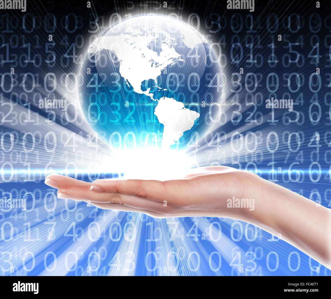 Hands, line, planet earth. The symbol of high technology Stock Photo ...