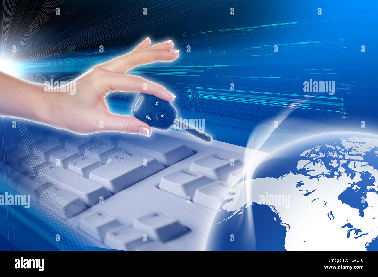 Hands, line, planet earth. The symbol of high technology Stock Photo ...