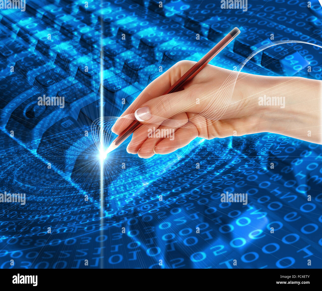 Hands, line, planet earth. The symbol of high technology Stock Photo ...