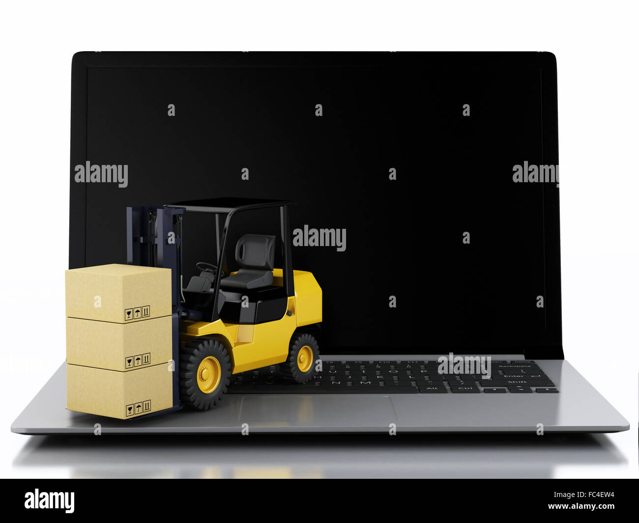 Laptop with Forklift truck. Delivering packages Stock Photo - Alamy