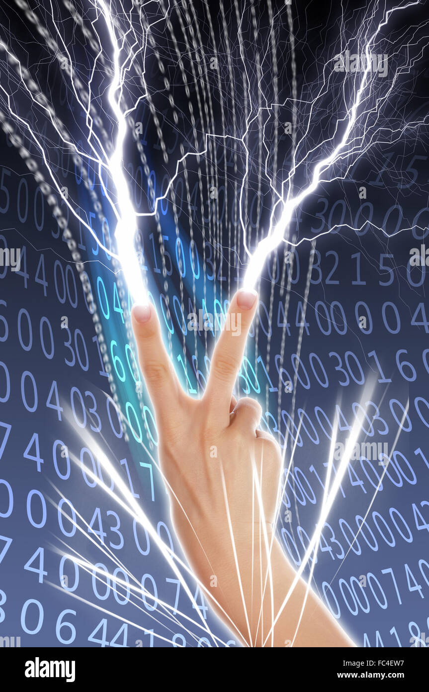 Hands, line, planet earth. The symbol of high technology Stock Photo ...