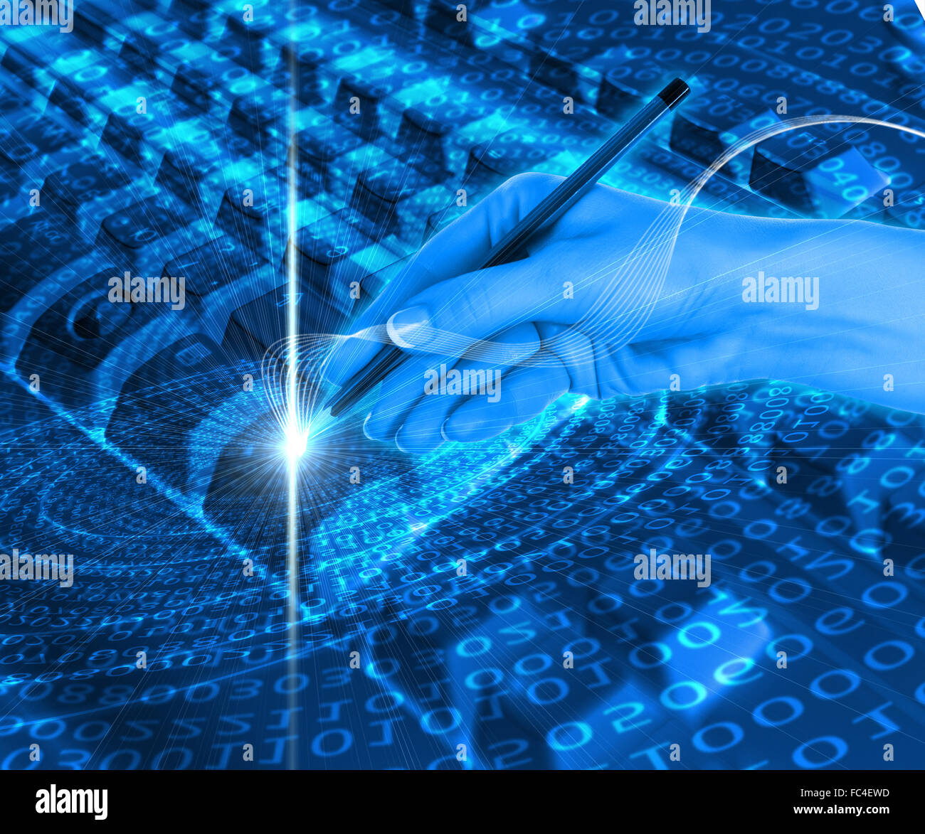 Hands, line, planet earth. The symbol of high technology Stock Photo ...