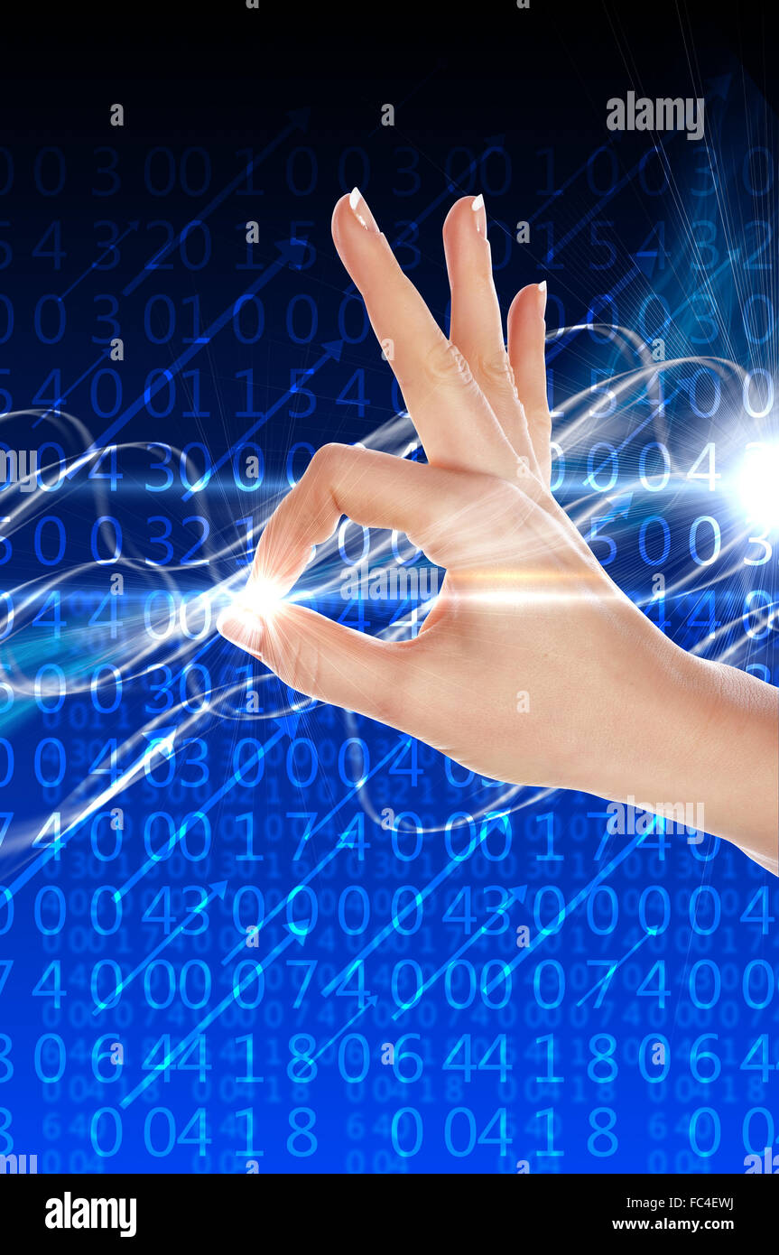 Hands, line, planet earth. The symbol of high technology Stock Photo ...