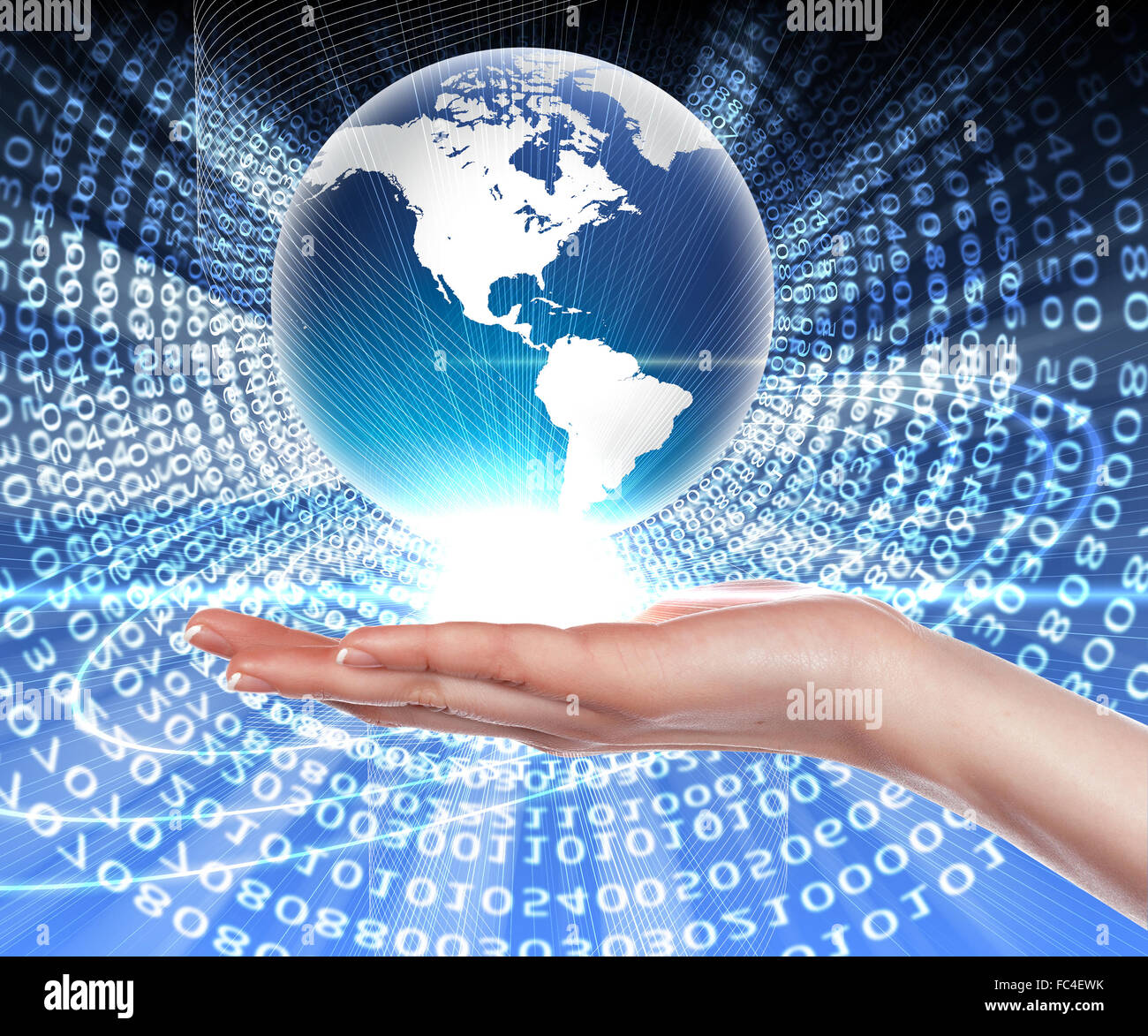 Hands, line, planet earth. The symbol of high technology Stock Photo ...