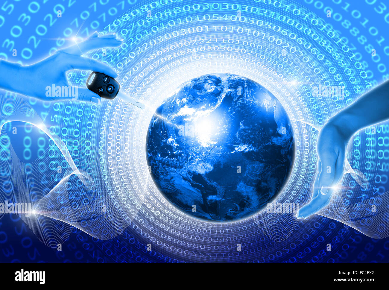 Hands, line, planet earth. The symbol of high technology Stock Photo ...