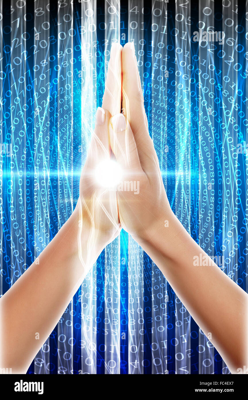 Hands, line, planet earth. The symbol of high technology Stock Photo ...