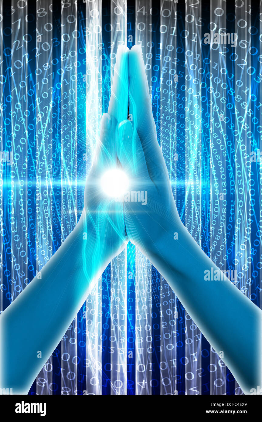 Hands, line, planet earth. The symbol of high technology Stock Photo ...