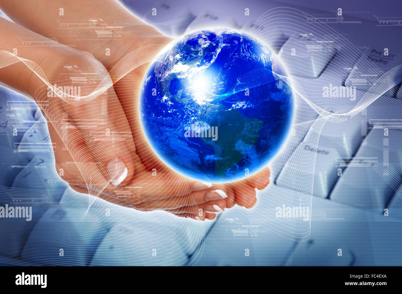 Hands, line, planet earth. The symbol of high technology Stock Photo ...