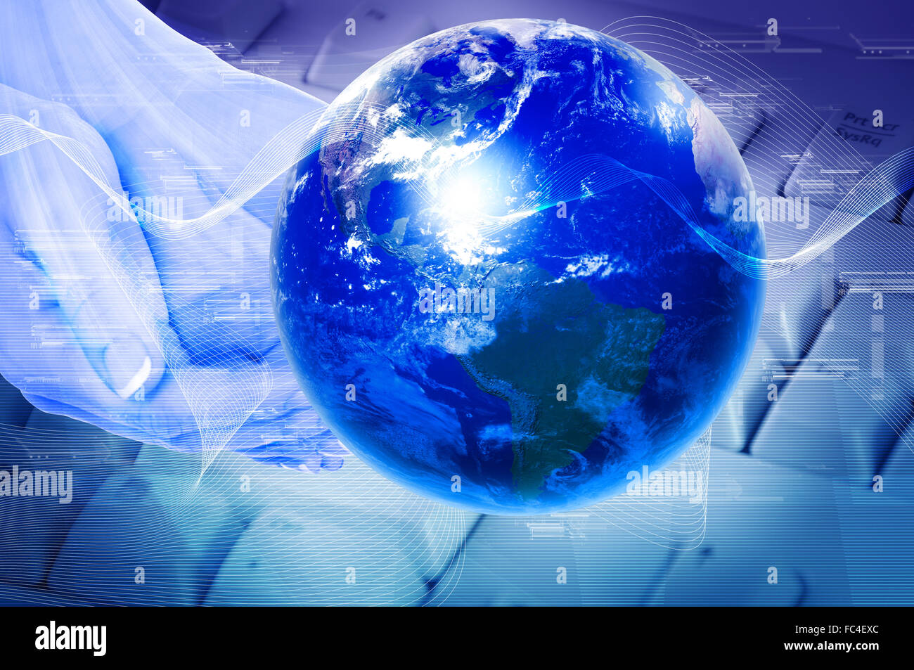 Hands, line, planet earth. The symbol of high technology Stock Photo ...