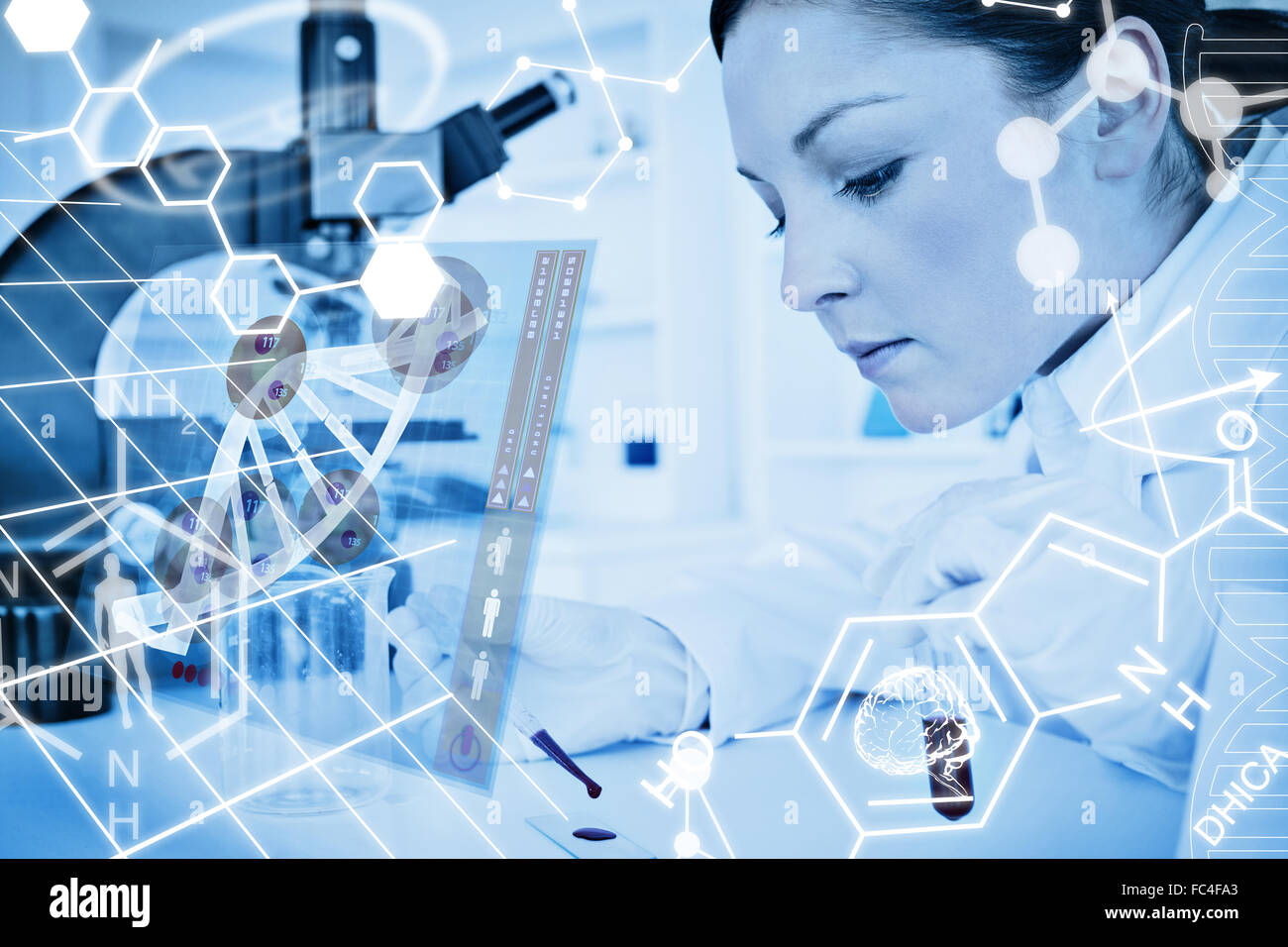 Composite image of scientist pouring drop of blood onto glass with ...