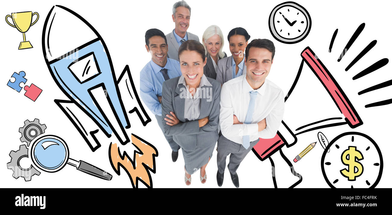 Composite image of smiling business people looking at camera with arms ...