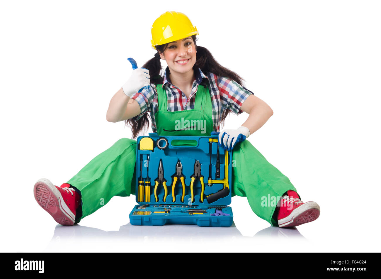 Female workman in green overalls isolated on white Stock Photo - Alamy