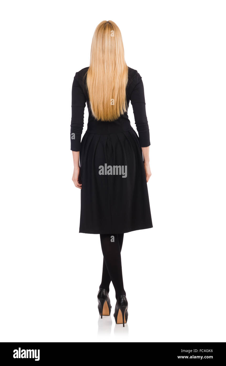 Woman in long black dress isolated on white Stock Photo - Alamy