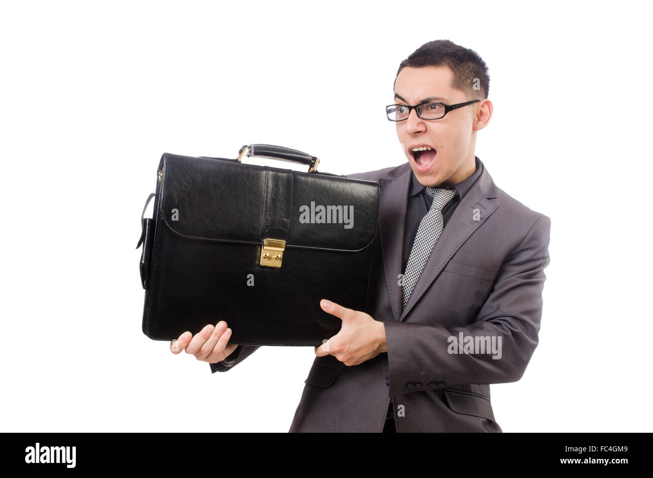 Young man holding briefcase isolated on white Stock Photo - Alamy