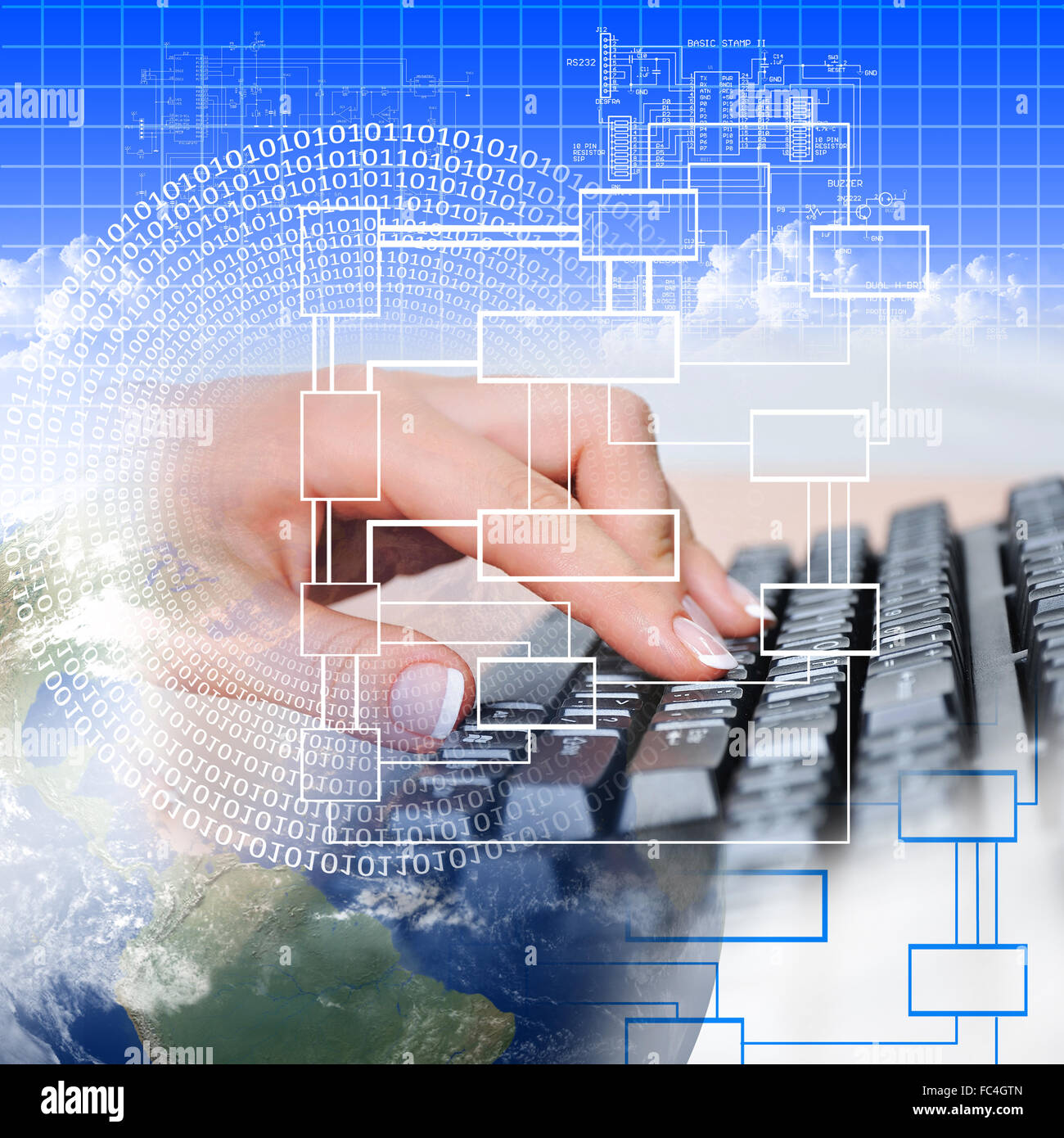 human hand and computer keyboard as symbol of high technology Stock ...