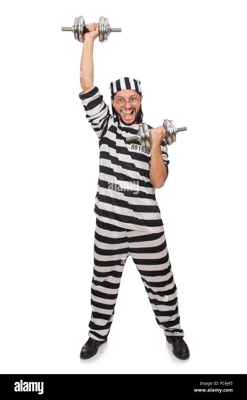 Prison inmate with dumbbells isolated on white Stock Photo - Alamy