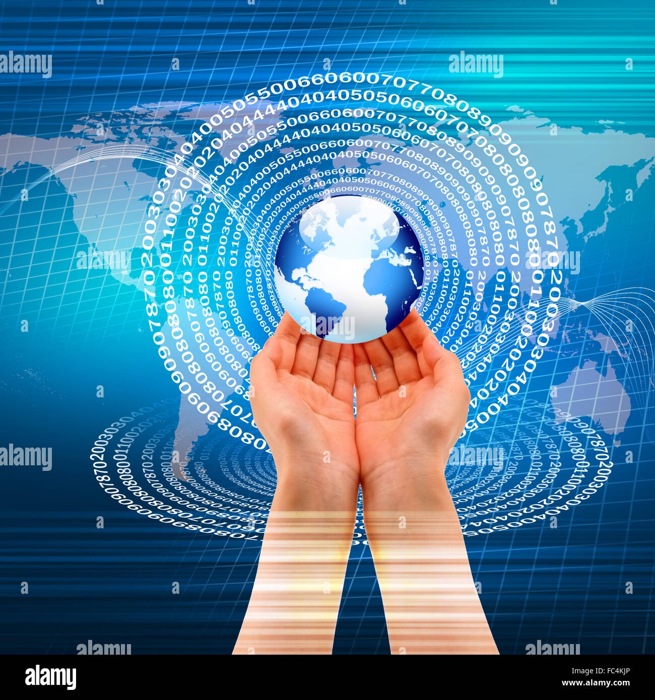 human hand holding our planet against high-tech background Stock Photo ...