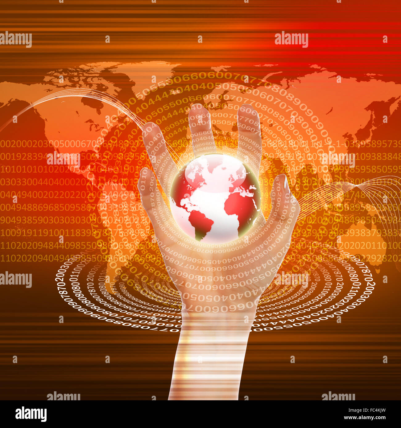 human hand holding our planet against high-tech background Stock Photo ...